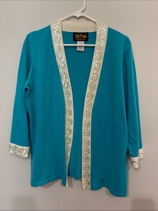 Bob Mackie | Sweaters | Bob Mackie Turquoise Openfront Cardigan With ...